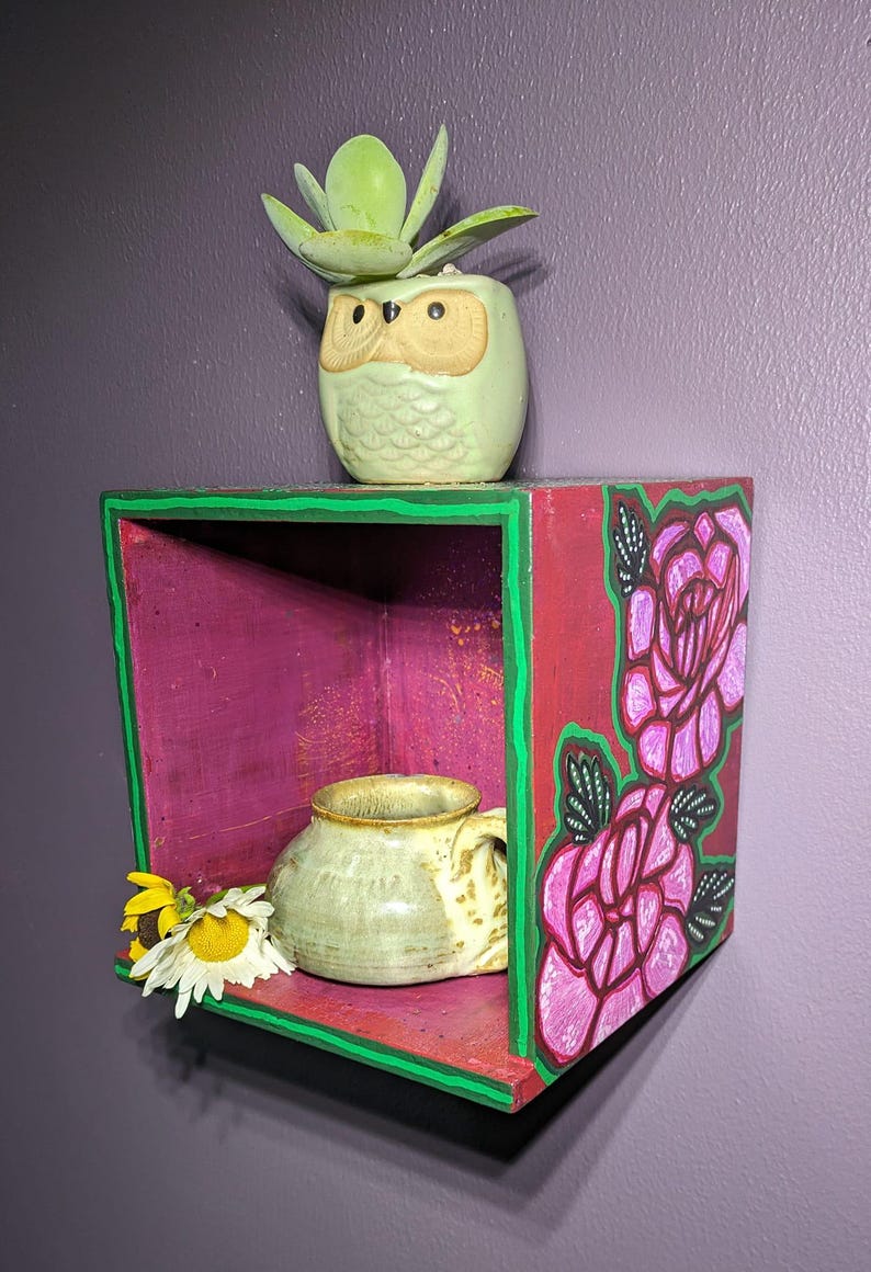Hand Painted Bohemian Pink Floral Shelf - Etsy