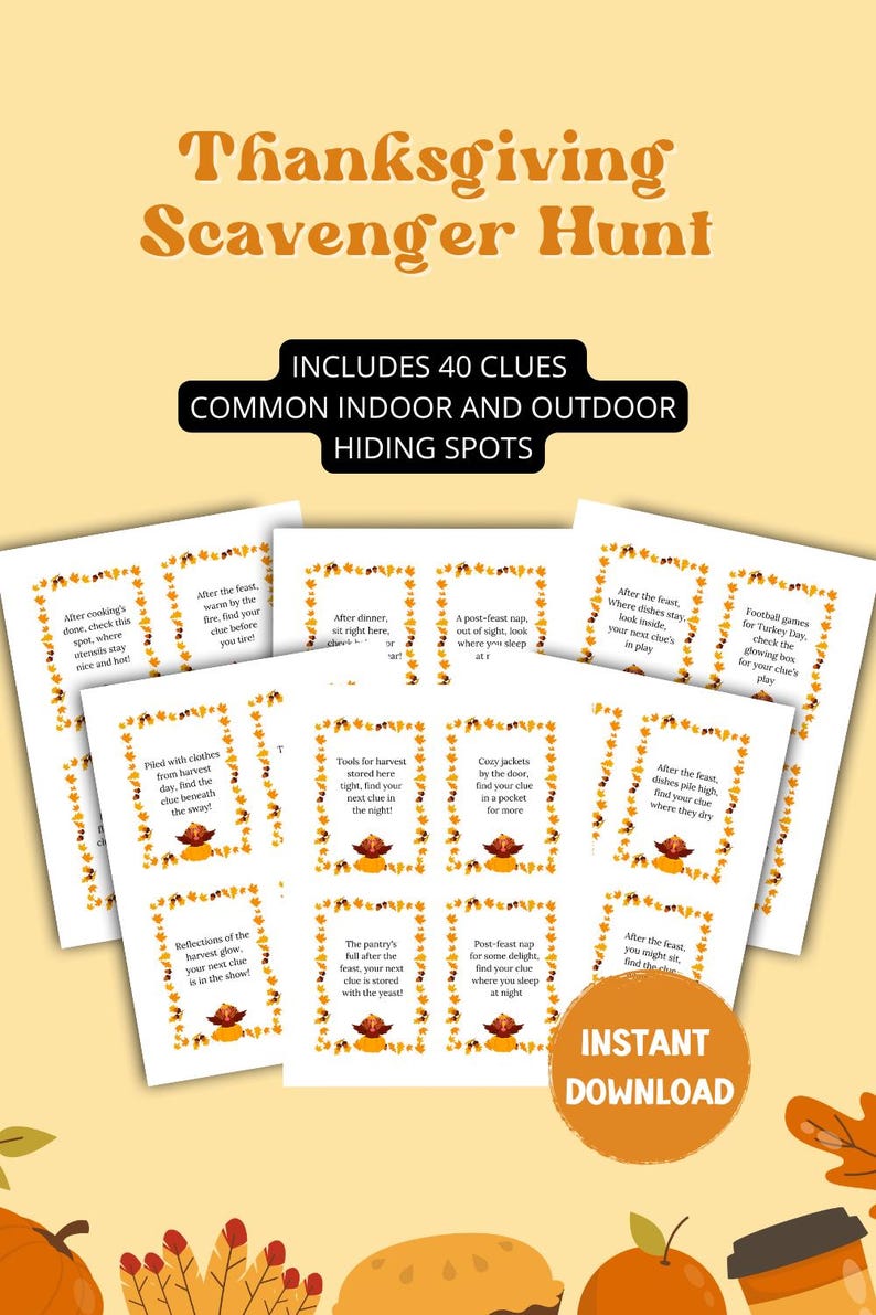 Thanksgiving Scavenger Hunt Clues Treasure Hunt Thanksgiving Theme for ...