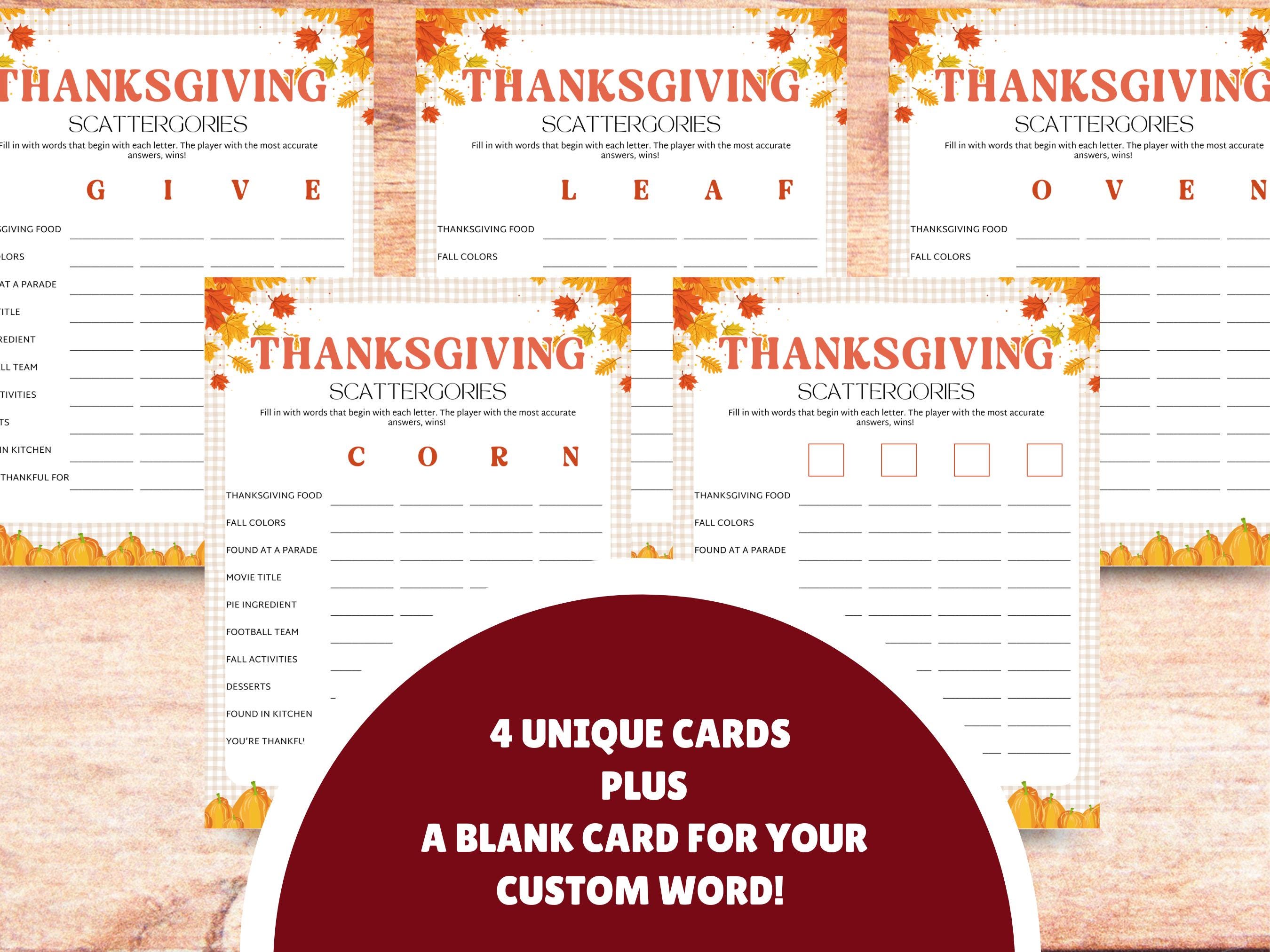 Thanksgiving Scattergories Game for Thanksgiving Party Categories Game ...