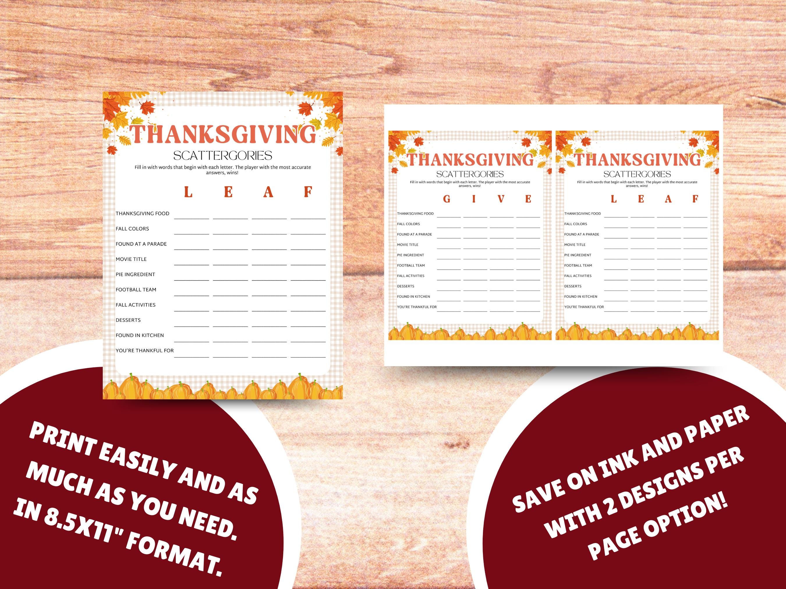 Thanksgiving Scattergories Game for Thanksgiving Party Categories Game ...