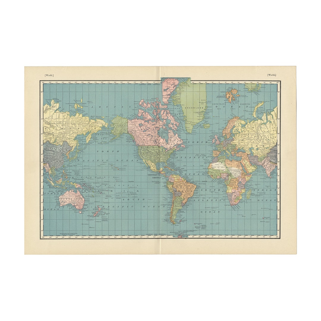 Antique Color World Map From the 1899 Imperial Reference Library, 10 X ...
