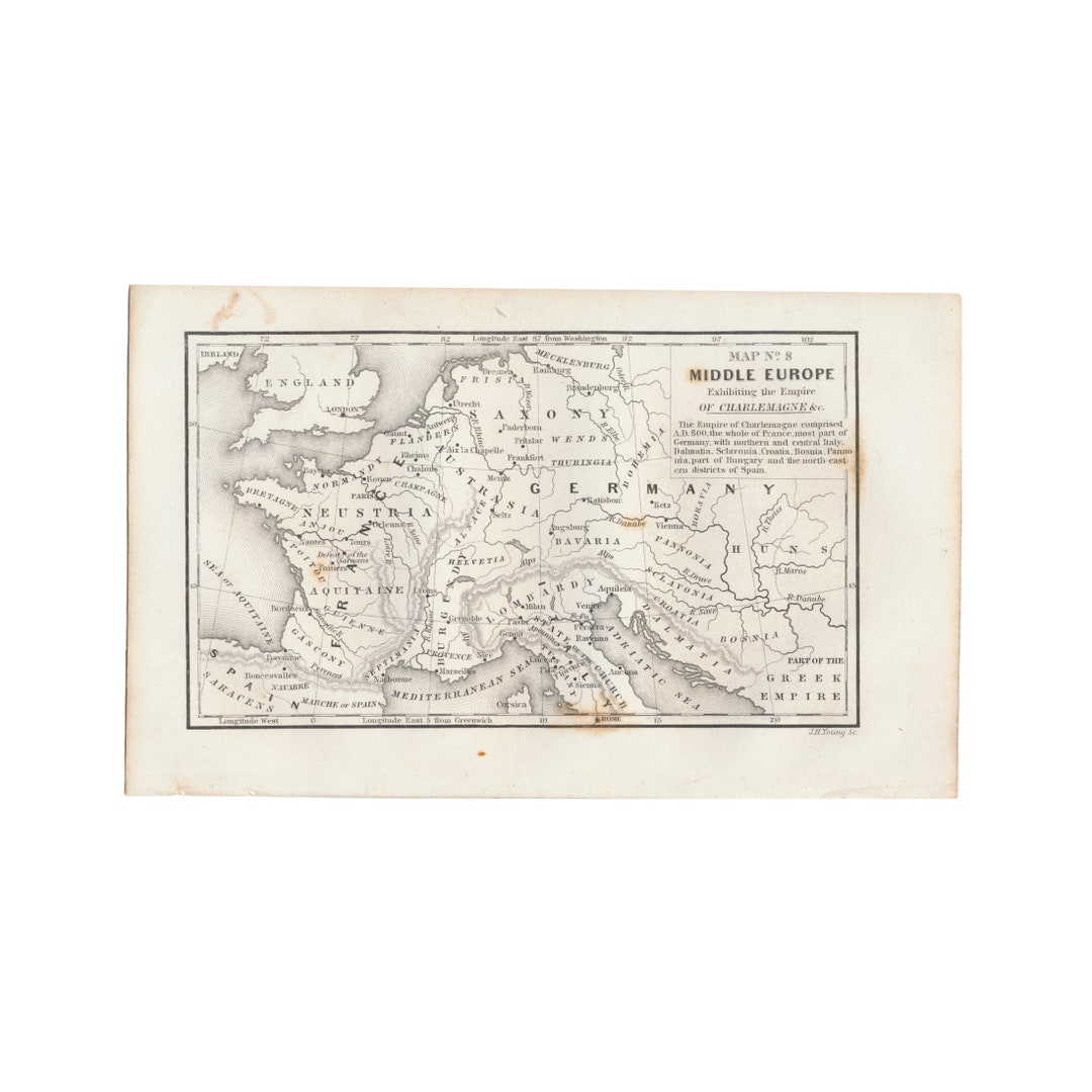 Small Antique Map of Middle Europe From 1855 Disbound History Book ...