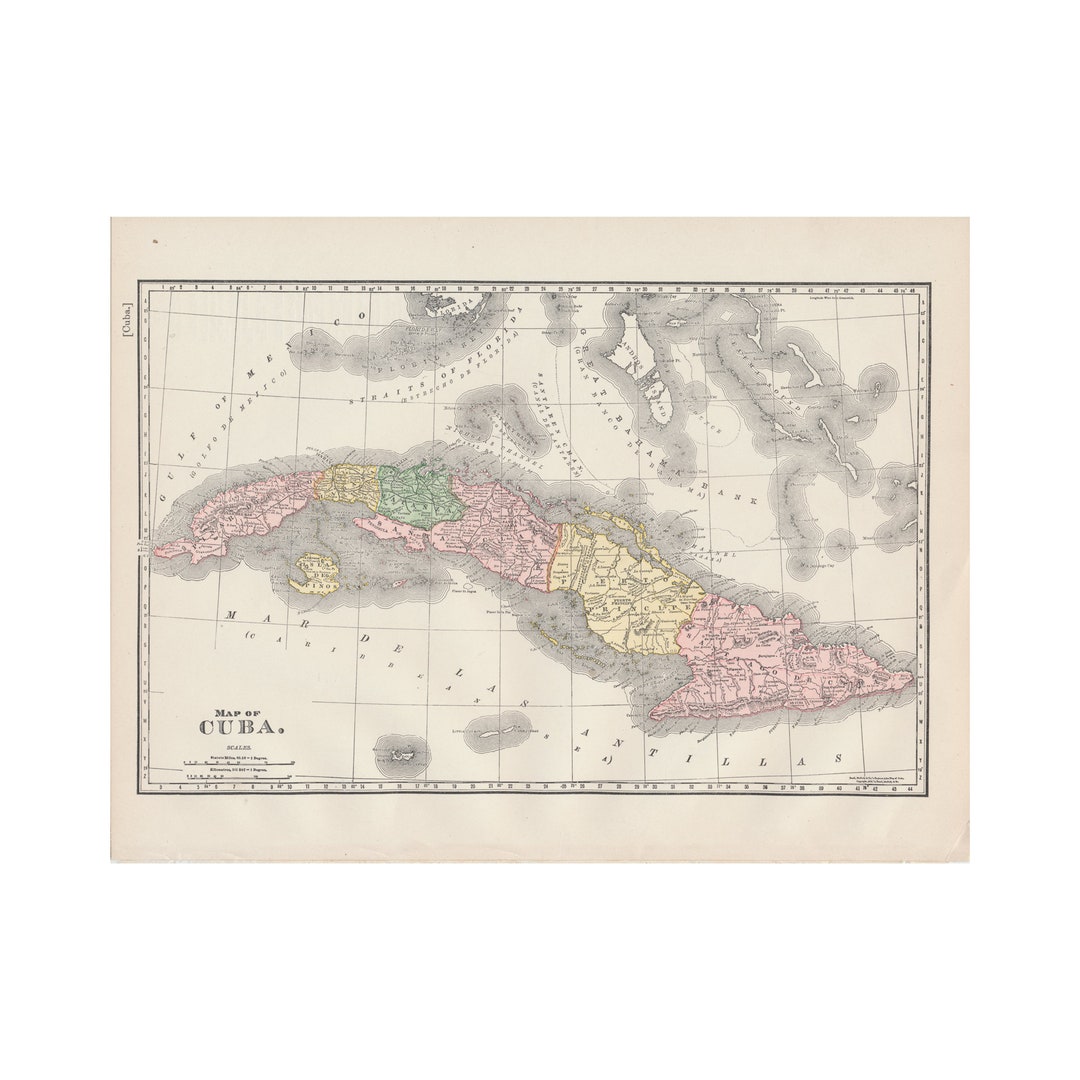 Antique Color Map of Cuba From the 1899 Imperial Reference Library, 8.5 ...