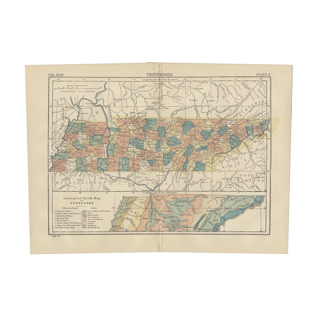 Antique Color Map of Tennessee From the 1890 Encyclopedia Britannica ...
