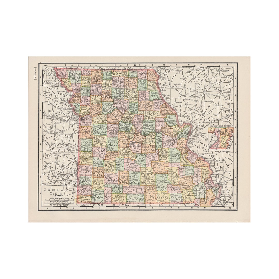 Antique Color Map of Missouri From the 1899 Imperial Reference Library ...