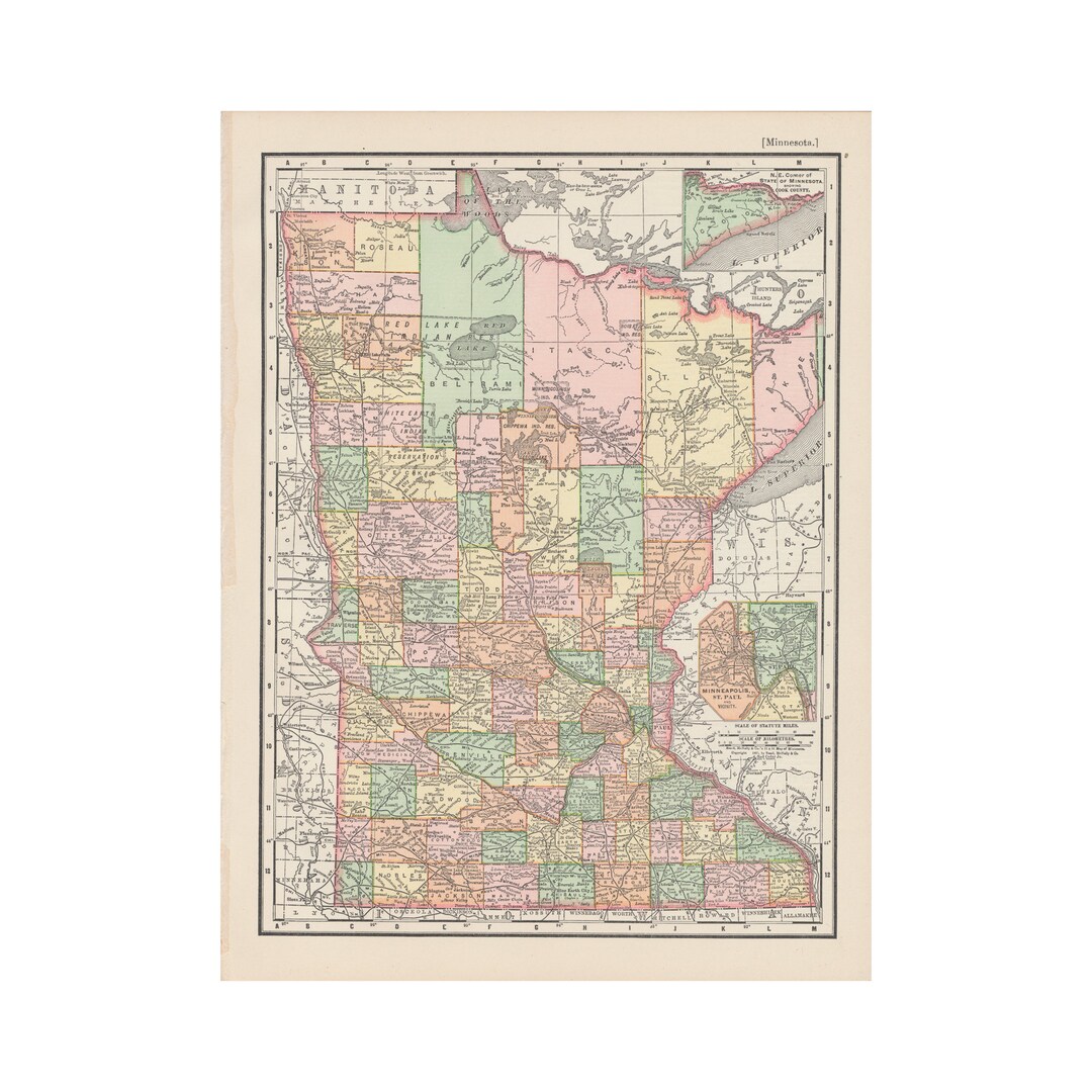 Antique Color Map of Minnesota From the 1899 Imperial Reference Library ...