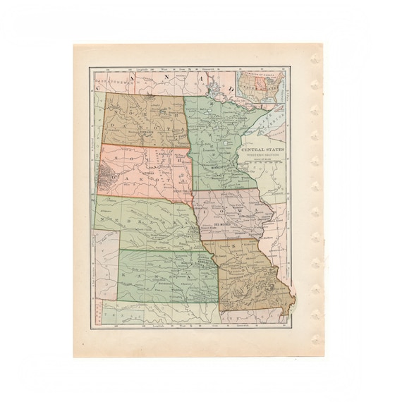 Antique 8 X 10 Color Map of the Central United States From - Etsy