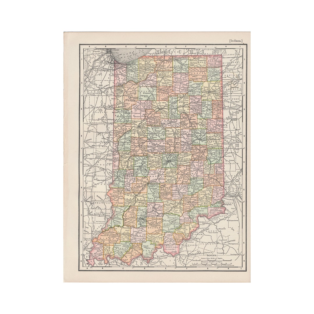 Antique Color Map of Indiana From the 1899 Imperial Reference Library ...
