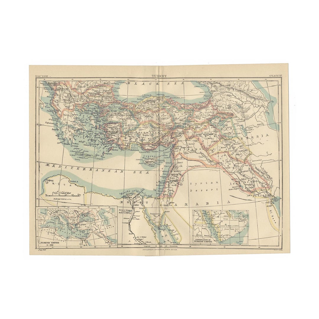 Antique Color Map of Turkey From the 1890 Encyclopedia Britannica 9th ...