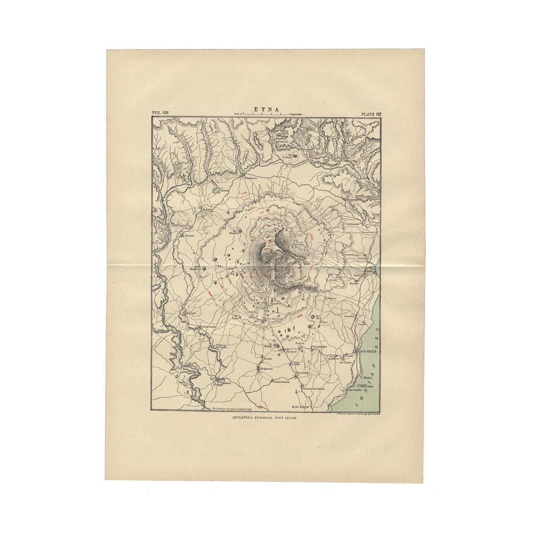 Antique Color Map of Mount Etna From the 1890 Encyclopedia Britannica ...