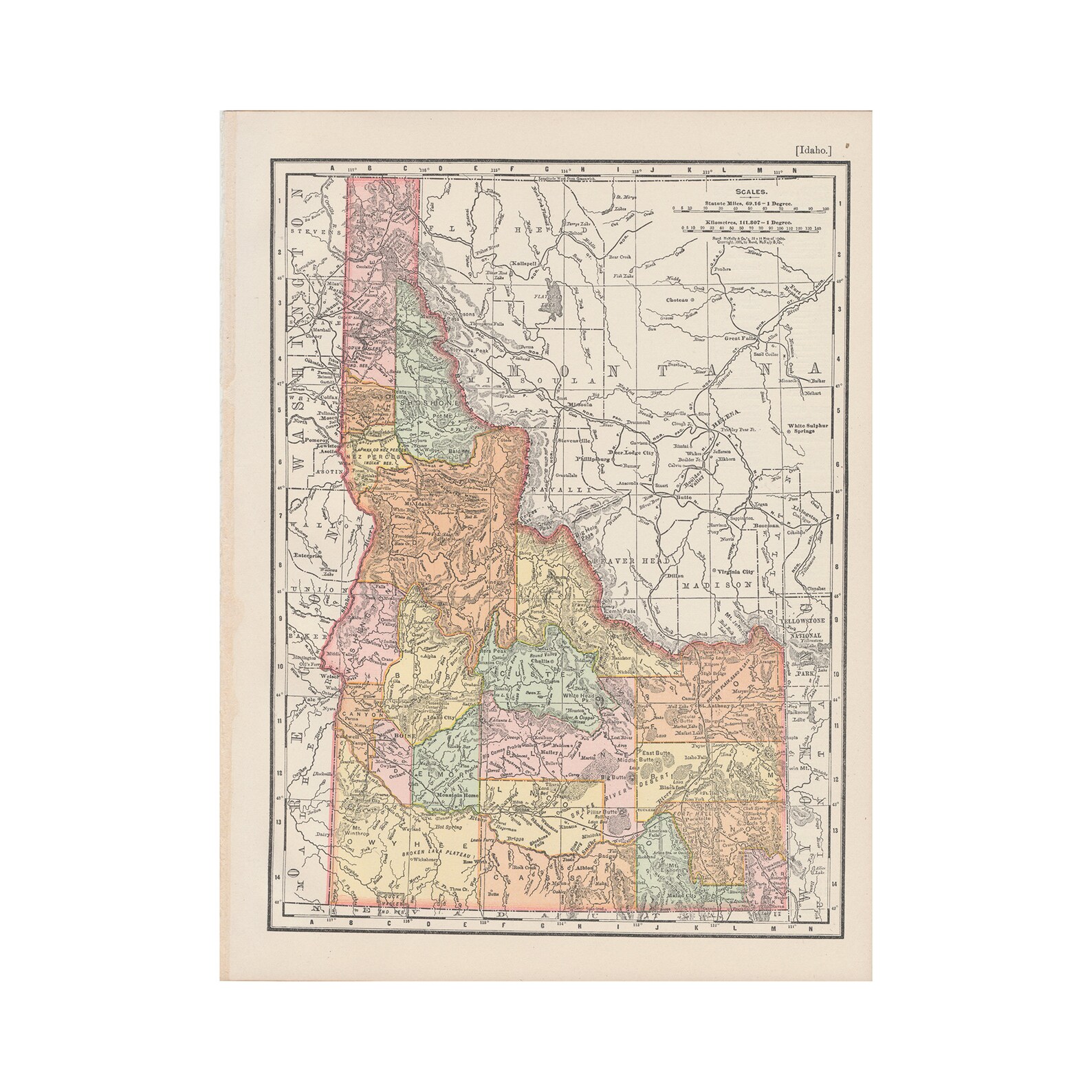 Antique Color Map of Idaho From the 1899 Imperial Reference Library, 8. ...