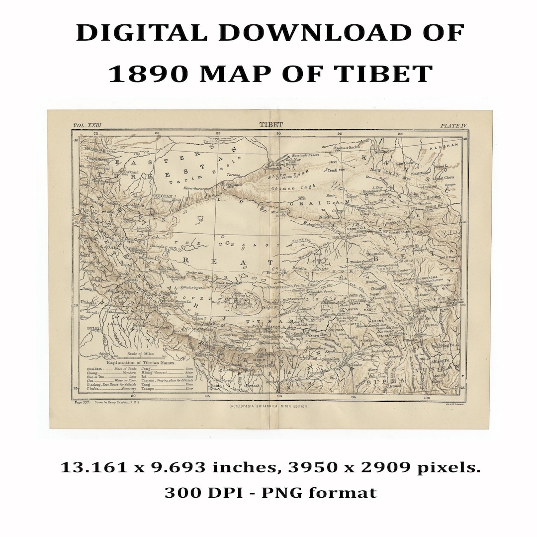 1890 Map of Tibet in Two Colors - 9.5 X 13 Inch Digital Download, 300 DPI PNG - Etsy