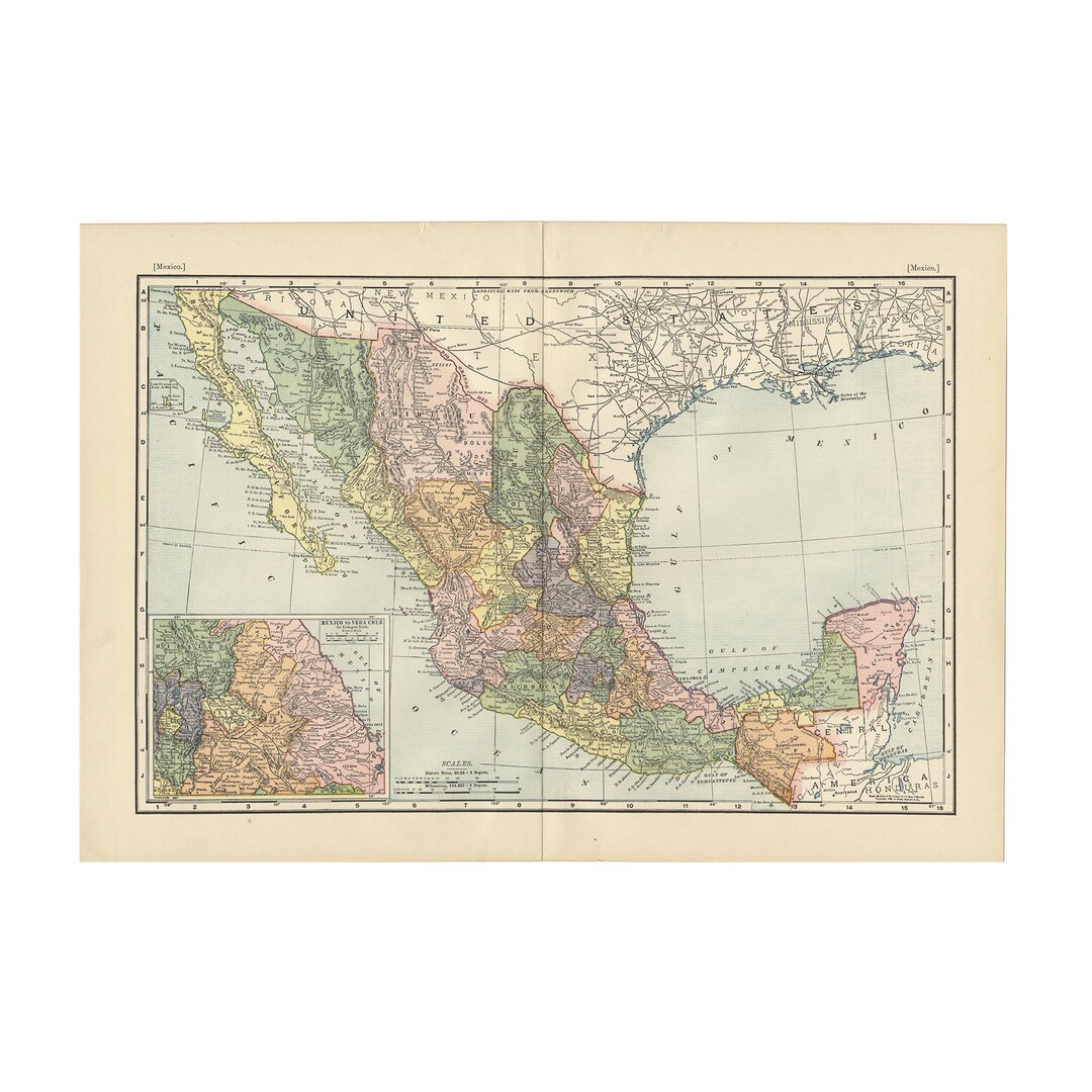 Antique Color Map of Mexico From the 1899 Imperial Reference Library ...