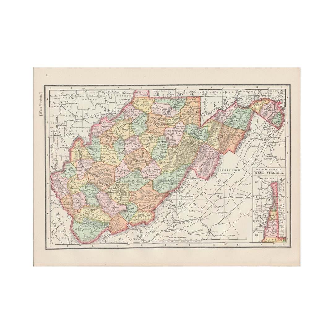 Antique Color Map of West Virginia From the 1899 Imperial Reference ...