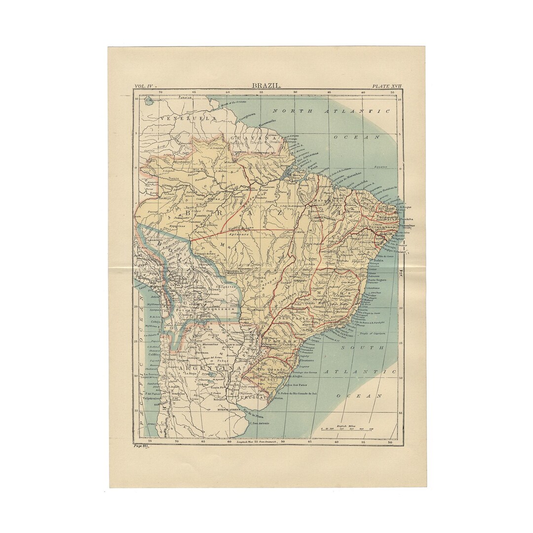 Antique Color Map of Brazil From the 1890 Encyclopedia Britannica 9th ...