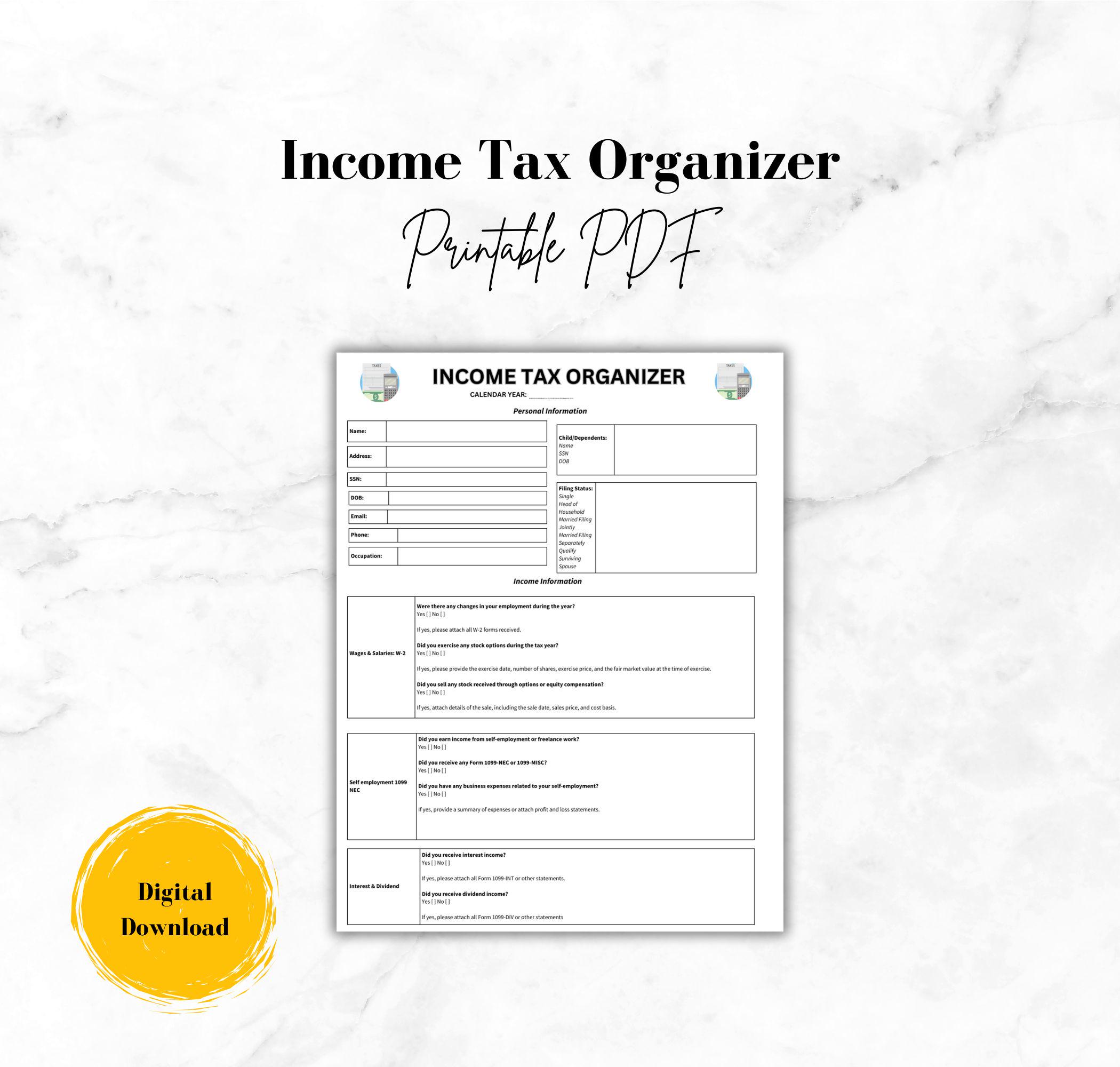 Income Tax Organizer | Printable PDF | Tax Season | Tax Preparation ...