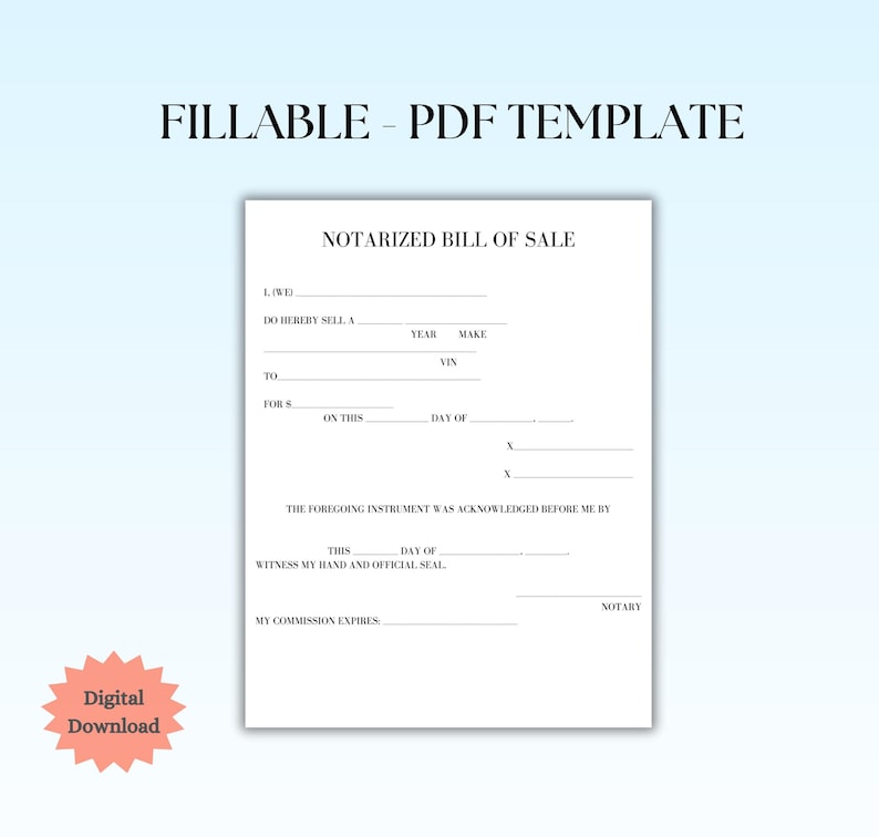 Notarized Bill of Sale: Vehicle, Car, Boat | Printable Legal Form PDF ...