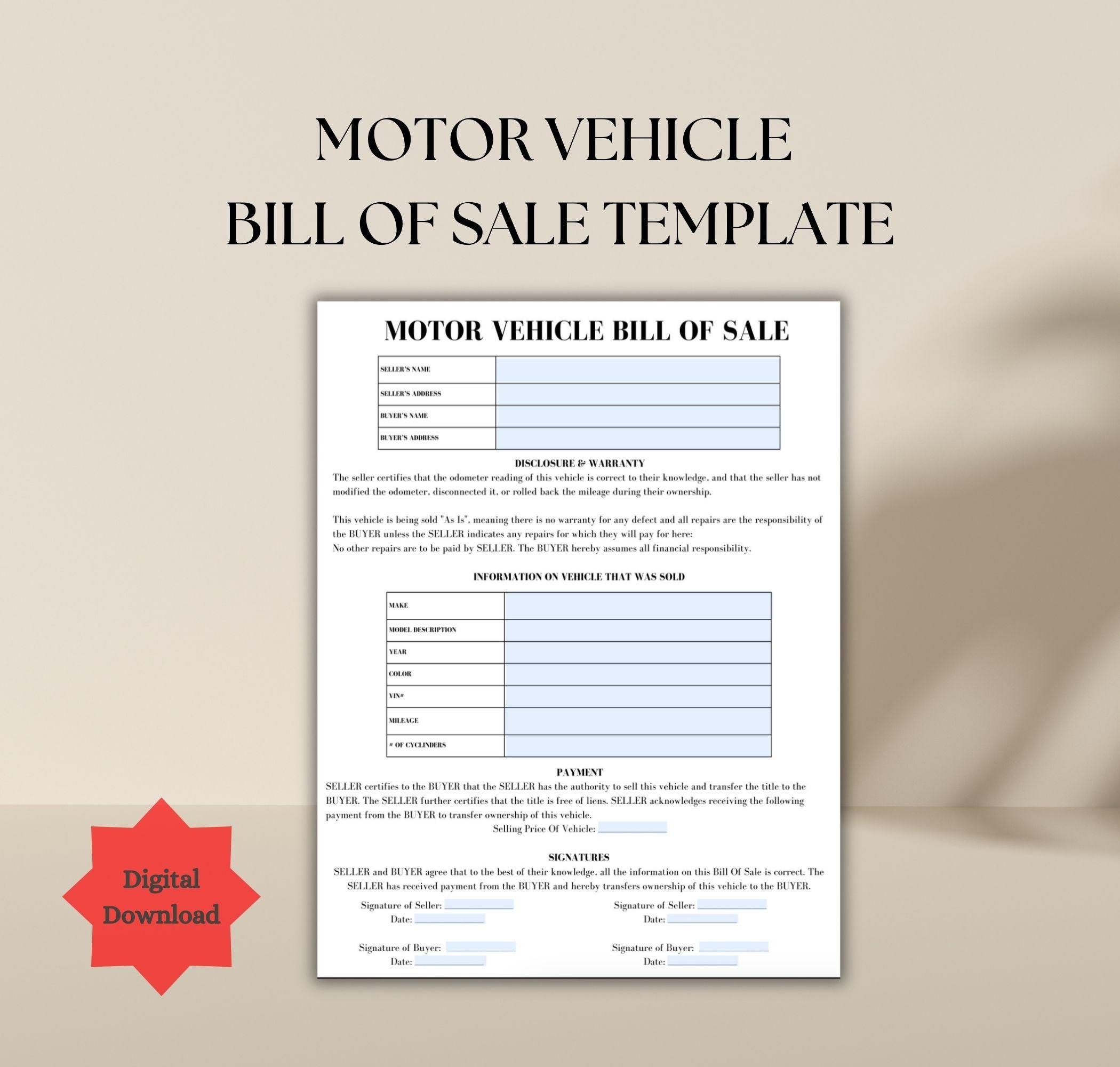 Moto Vehicle Bill of Sale Form Bill of Sale Printable PDF Fillable PDF ...