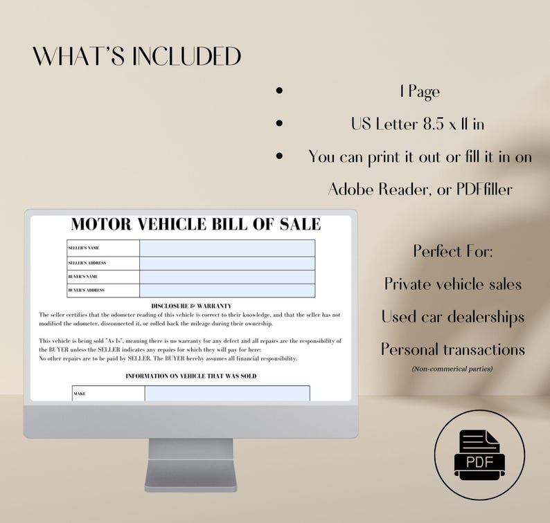 Moto Vehicle Bill of Sale Form Bill of Sale Printable PDF Fillable PDF ...