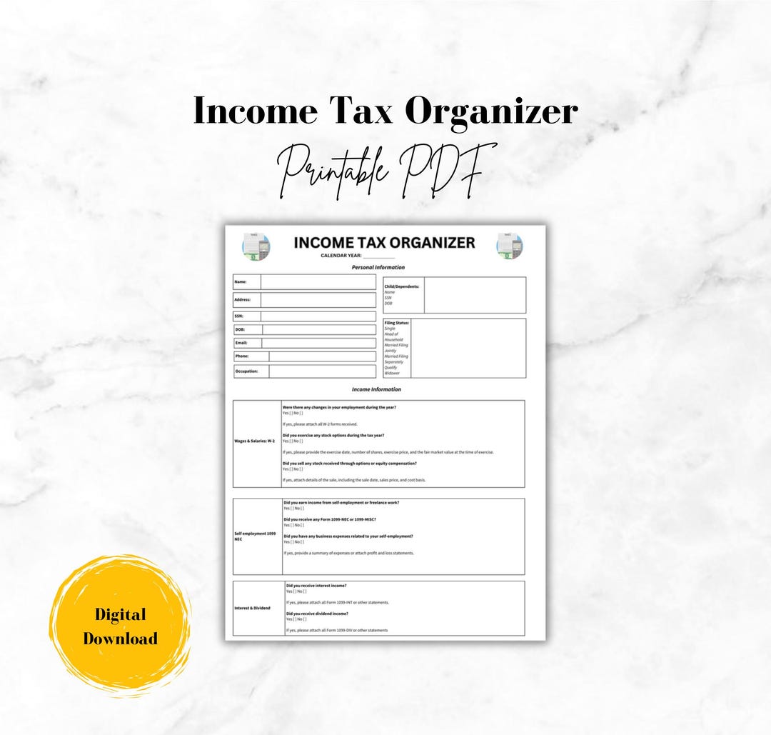 Income Tax Organizer Printable PDF Tax Season Tax Preparation Template ...
