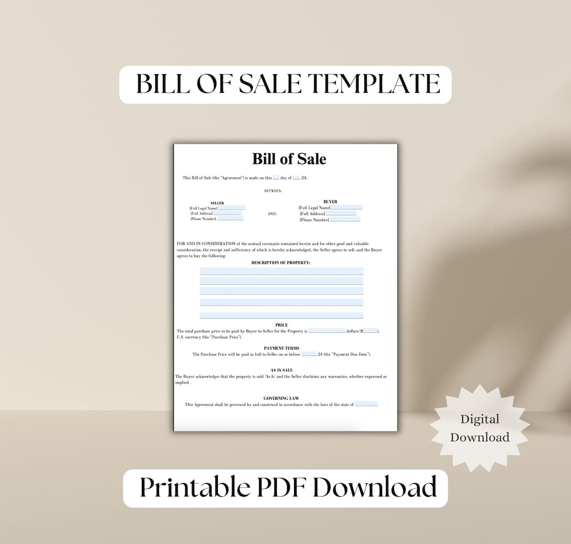 Bill of Sale Template | Fillable PDF | Bill of Sale Form | Simple Bill ...