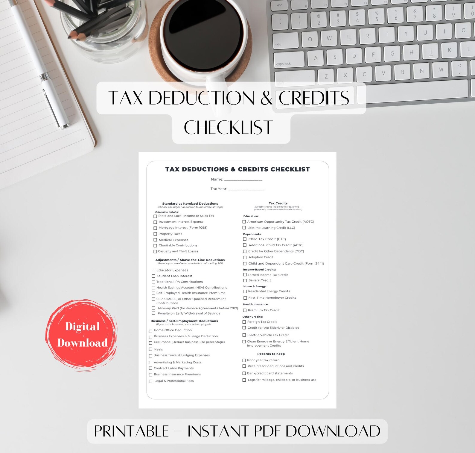 Tax Deduction & Credit Checklist | Printable Tax Deduction Checklist ...