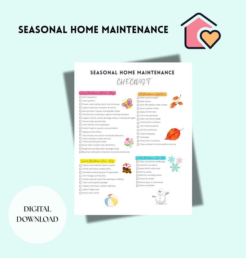 Seasonal Home Maintenance Checklist + Safety Checklist | Printable PDF ...