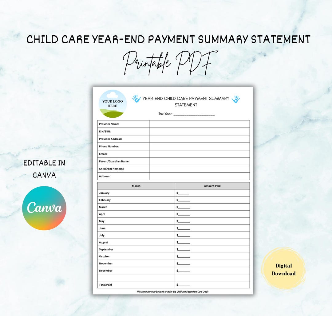Year-end Child Care Payment Summary Template | Daycare Tax Receipt ...