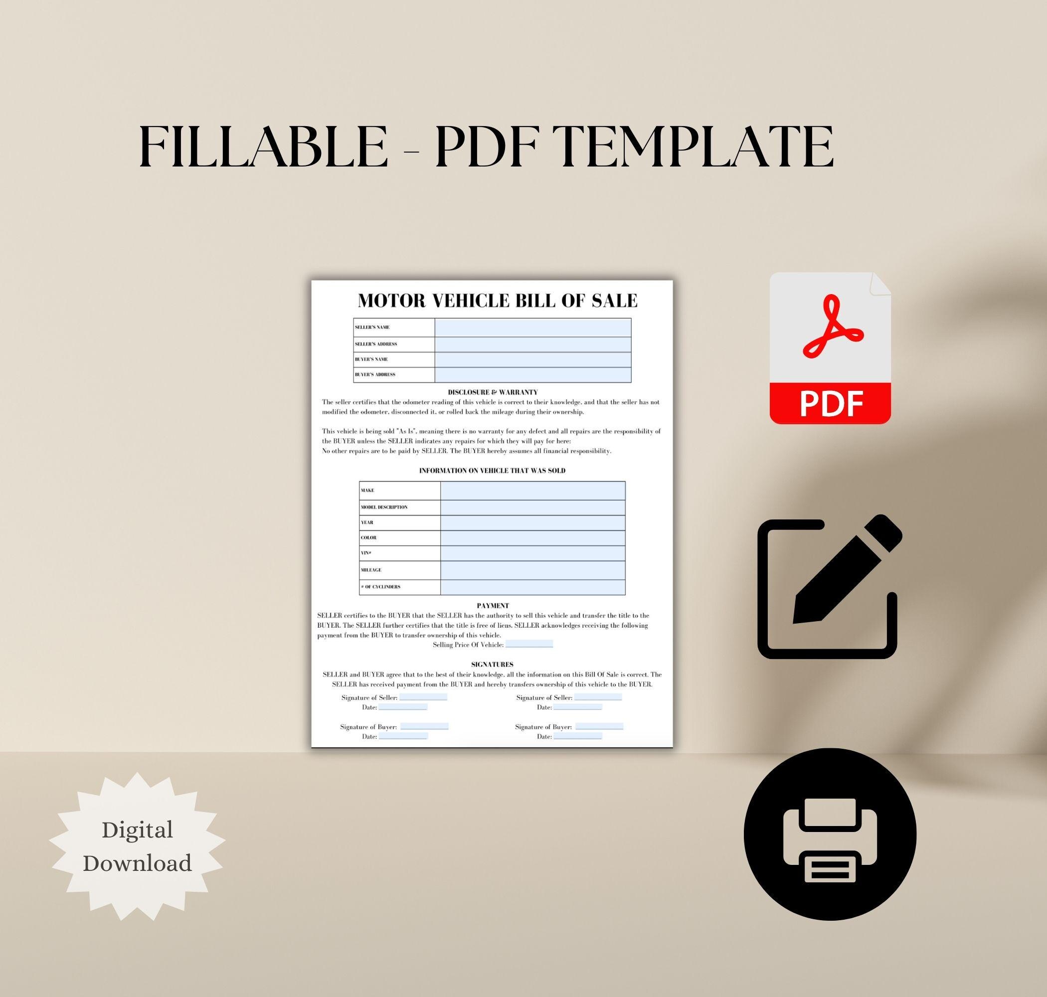 Moto Vehicle Bill of Sale Form Bill of Sale Printable PDF Fillable PDF ...