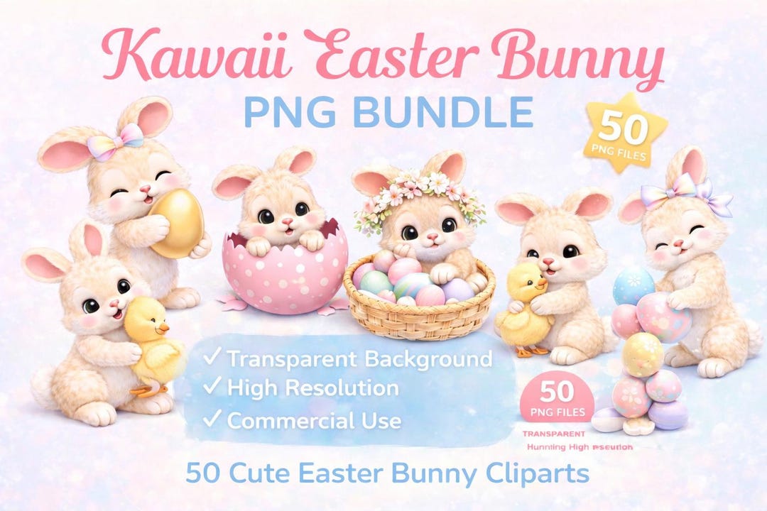 Kawaii Easter Bunny PNG Bundle – 50 Cute Bunny Clipart – Easter Clipart ...