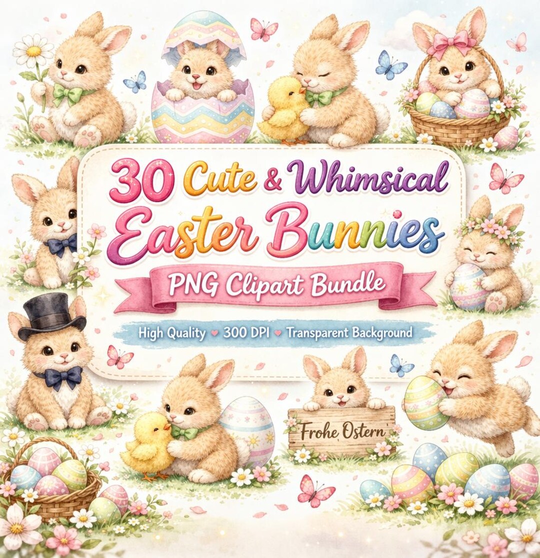 30 Cute Easter Bunny Clipart PNG Bundle – Watercolor Bunny Collection ...
