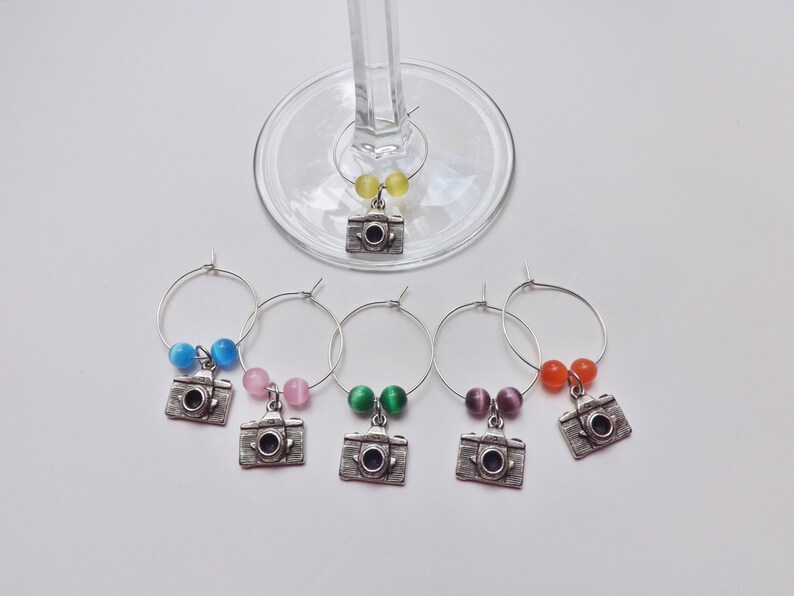 Camera Wine Charms Stem Markers Set of 6 Silver Pewter Glass - Etsy