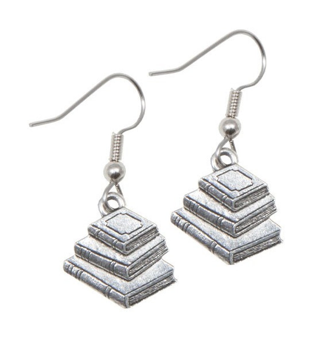 Book Charm Earrings Silver Pewter Stack of Books Great Teacher Gift ...