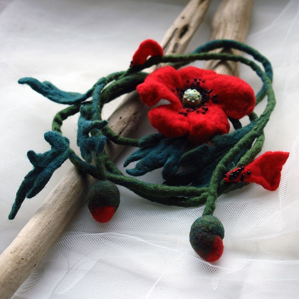 Poppy Sing Hand Felted Wool Flower Necklace, Belt, Brooch, Felt Red ...
