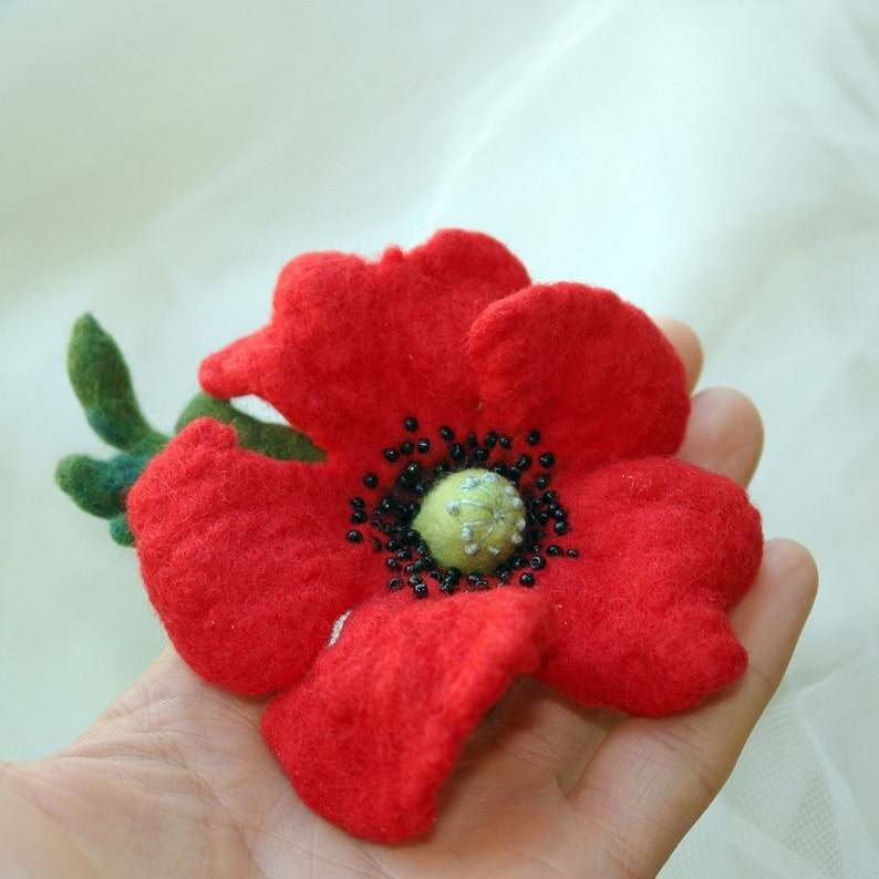 Red Poppy Sing Felt Flower, Hand Felted Wool Flower Brooch, Felt Red ...