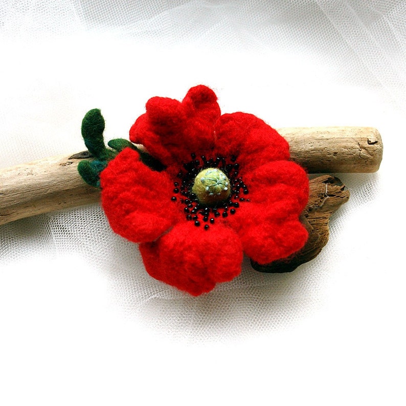 Red Poppy Sing Felt Flower, Hand Felted Wool Flower Brooch, Felt Red ...