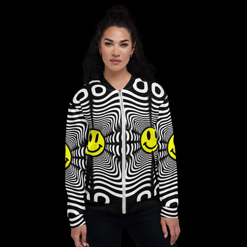 Black & White Trippy Smiley Optical Illusion All-over Unisex Bomber ...