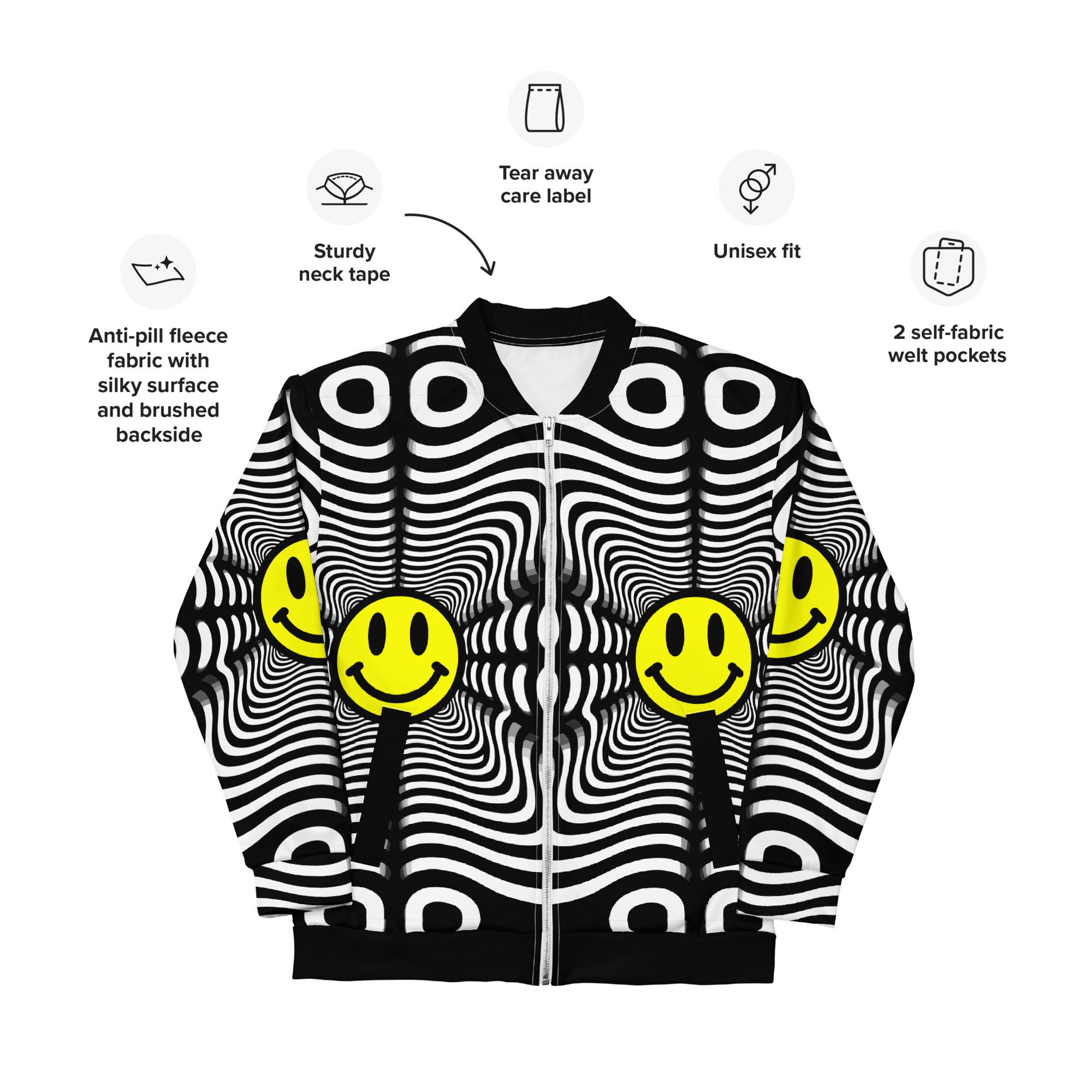 Black & White Trippy Smiley Optical Illusion All-over Unisex Bomber ...