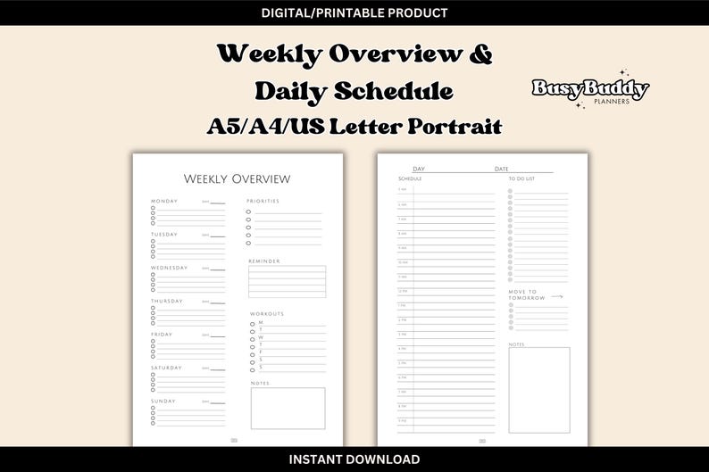 Weekly Overview, Daily Planner, Schedule, Planner Insert, Printable ...