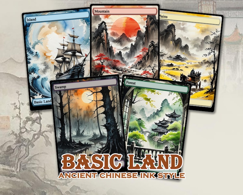 Basic Lands Set of 50 - Custom Cards Full Art, Ancient Chinese Ink ...