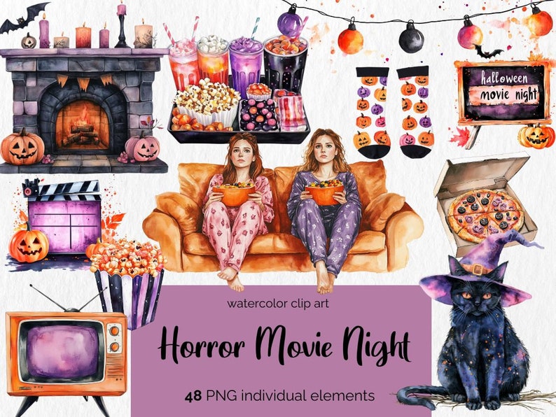 Halloween Horror Movie Night Watercolor Clipart Bundle, Scary Movie ...