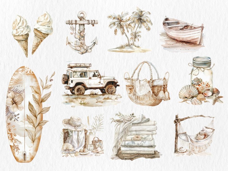 Boho Beach Vibes Clipart Bundle, Boho Beach Hippie Watercolor Printable ...