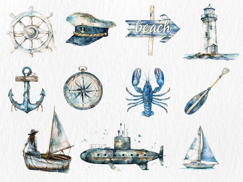 Nautical Clipart Bundle, Seaside Watercolor Digital Printable Png ...