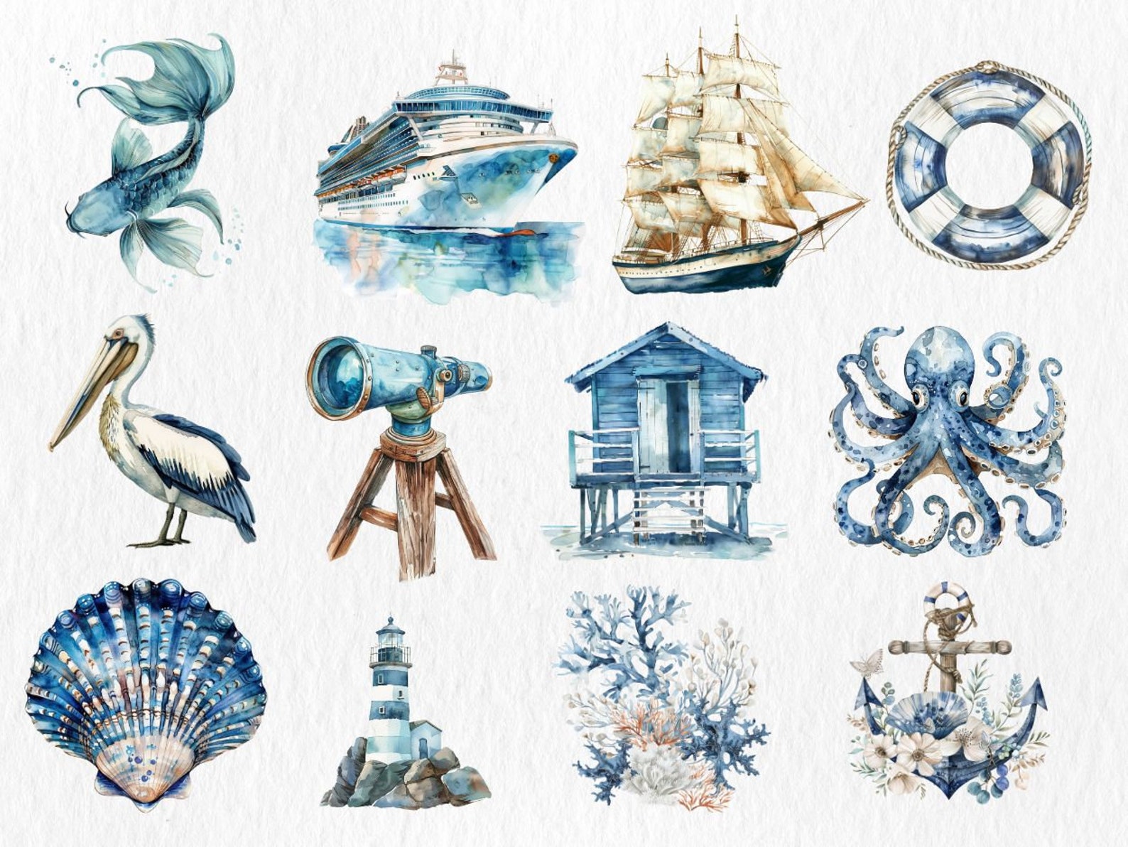Nautical Clipart Bundle, Seaside Watercolor Digital Printable Png ...
