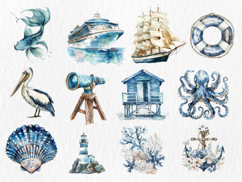 Nautical Clipart Bundle, Seaside Watercolor Digital Printable Png ...
