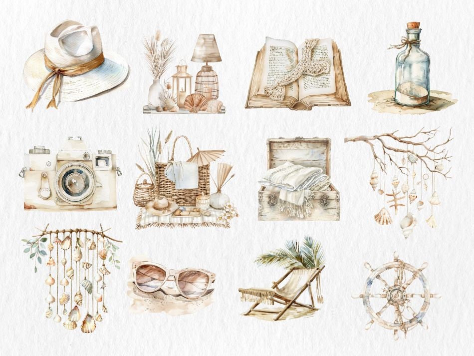 Boho Beach Vibes Clipart Bundle, Boho Beach Hippie Watercolor Printable ...