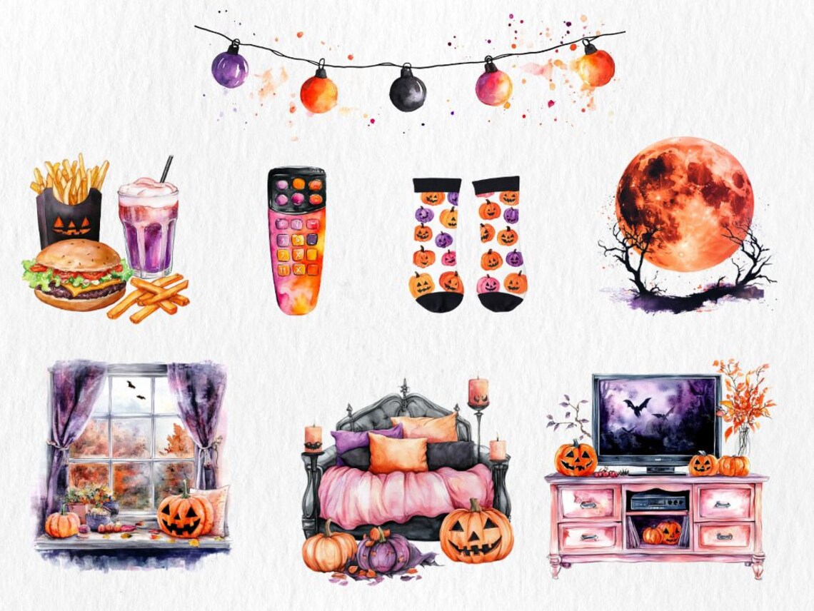 Halloween Horror Movie Night Watercolor Clipart Bundle, Scary Movie ...