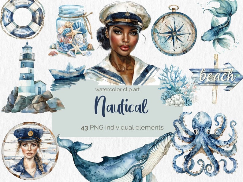 Nautical Clipart Bundle, Seaside Watercolor Digital Printable Png ...