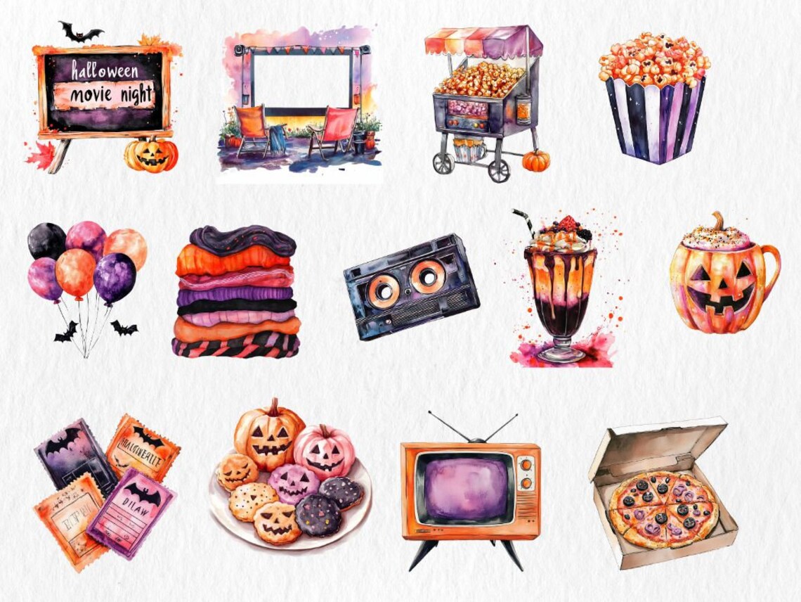 Halloween Horror Movie Night Watercolor Clipart Bundle, Scary Movie ...