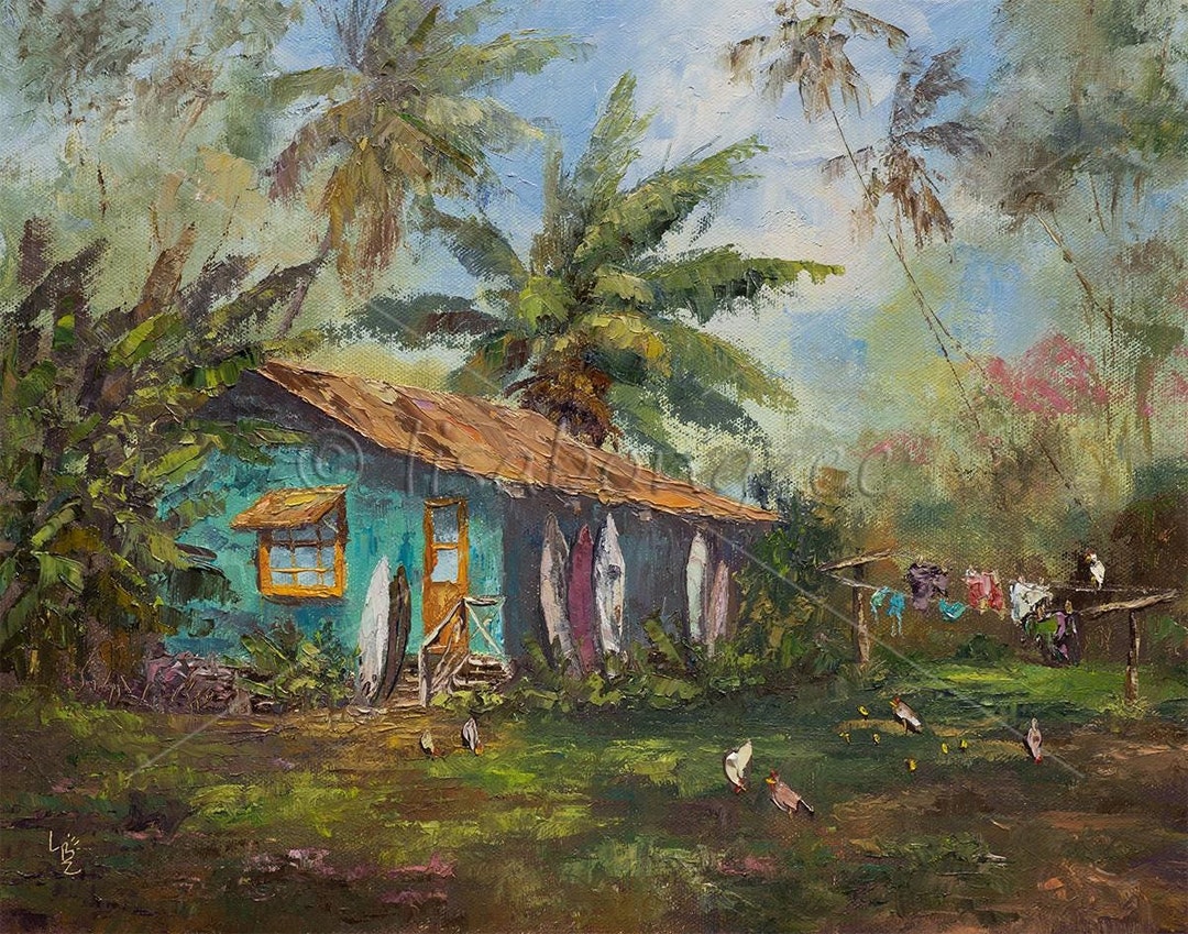 TROPICAL SURF SHACK Original 11x14 Oil Painting Art Palm Tree ...